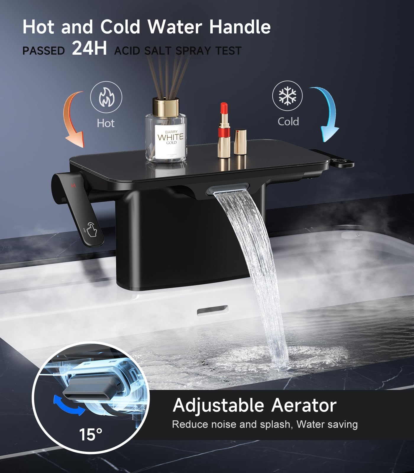Matte Black Bathroom Sink Faucet - 4 Inch Bathroom Vanity Sink Faucet with Storage Platform, 2 Hole Faucet with Pop-up Sink Drain Stopper, Solid Bathroom Basin Faucet