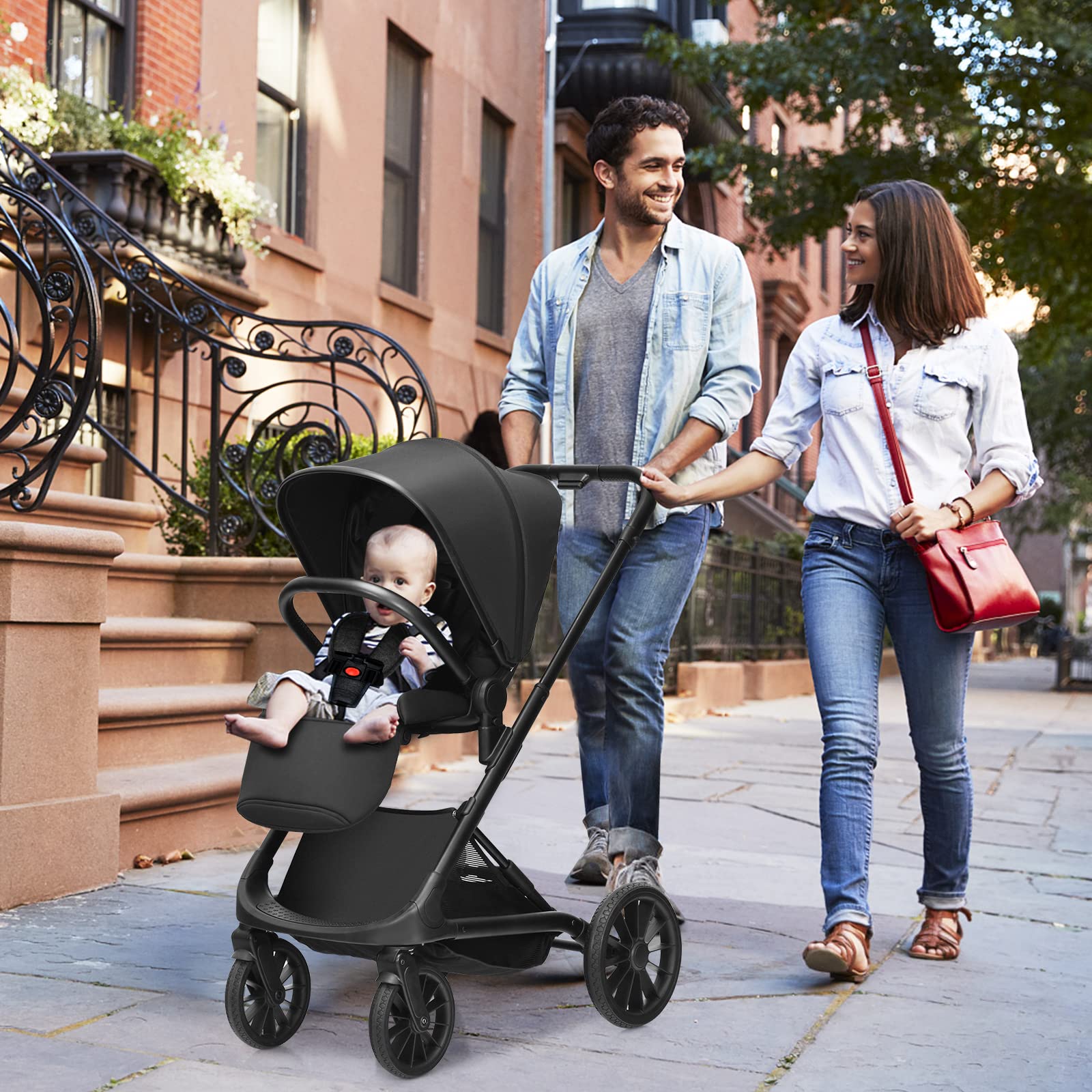 INFANS 2 in 1 Convertible Baby Stroller, One-Hand Quick-Fold Infant Stroller with Aluminum Frame, Oversized Storage Basket,Adjustable Canopy,Footrest, 5-Point Seat Belt (Grey)