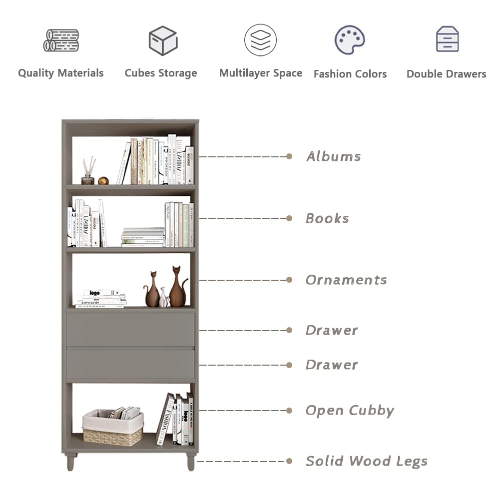 IOTXY Floorstanding Wooden Bookcase with Legs - 67" Tall Open Shelf Cube Billy Bookshelf with Double Drawers for Home and Office, Walnut