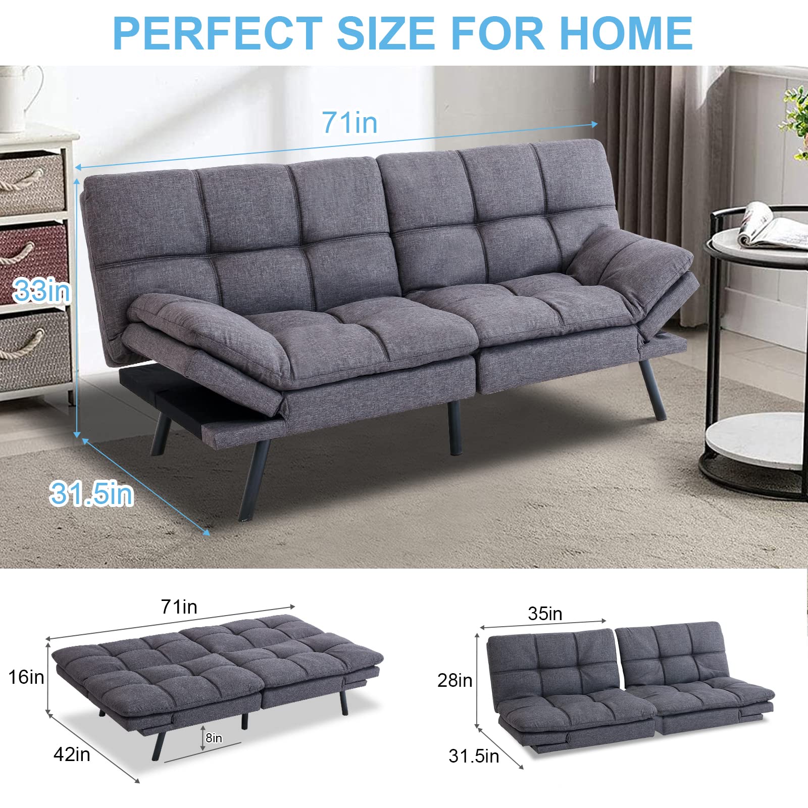 MUUEGM Futon Sofa Bed Convertible Futon Couch Bed Memory Foam Futon Sofa Sleeper,Adjustable Armrest&Backrest Full Size Futon Lounge Couch for Office Apartment Living Room,Grey