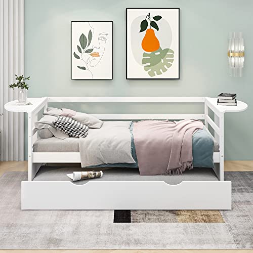 Polibi Twin Size Daybed with Trundle and Foldable Shelves on Both Sides, Wooden Sofa Bed with Wood Frame and Slats, No Spring Box Needed