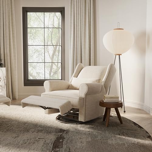 FansaFurn Recliner Comfy Upholstered Glider Lumbar Pillow and Footrest, Swivel Rocking Chair for Living Room, Beige