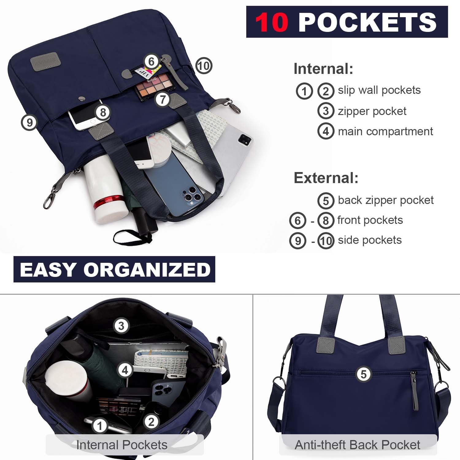 Women Tote Bag with Multiple Pockets & Zipper for Work ,Nylon Tote Handbag ,Large Shoulder Purse,Waterproof Galaxy Cross body Bag for Travel (Navy Blue 1)