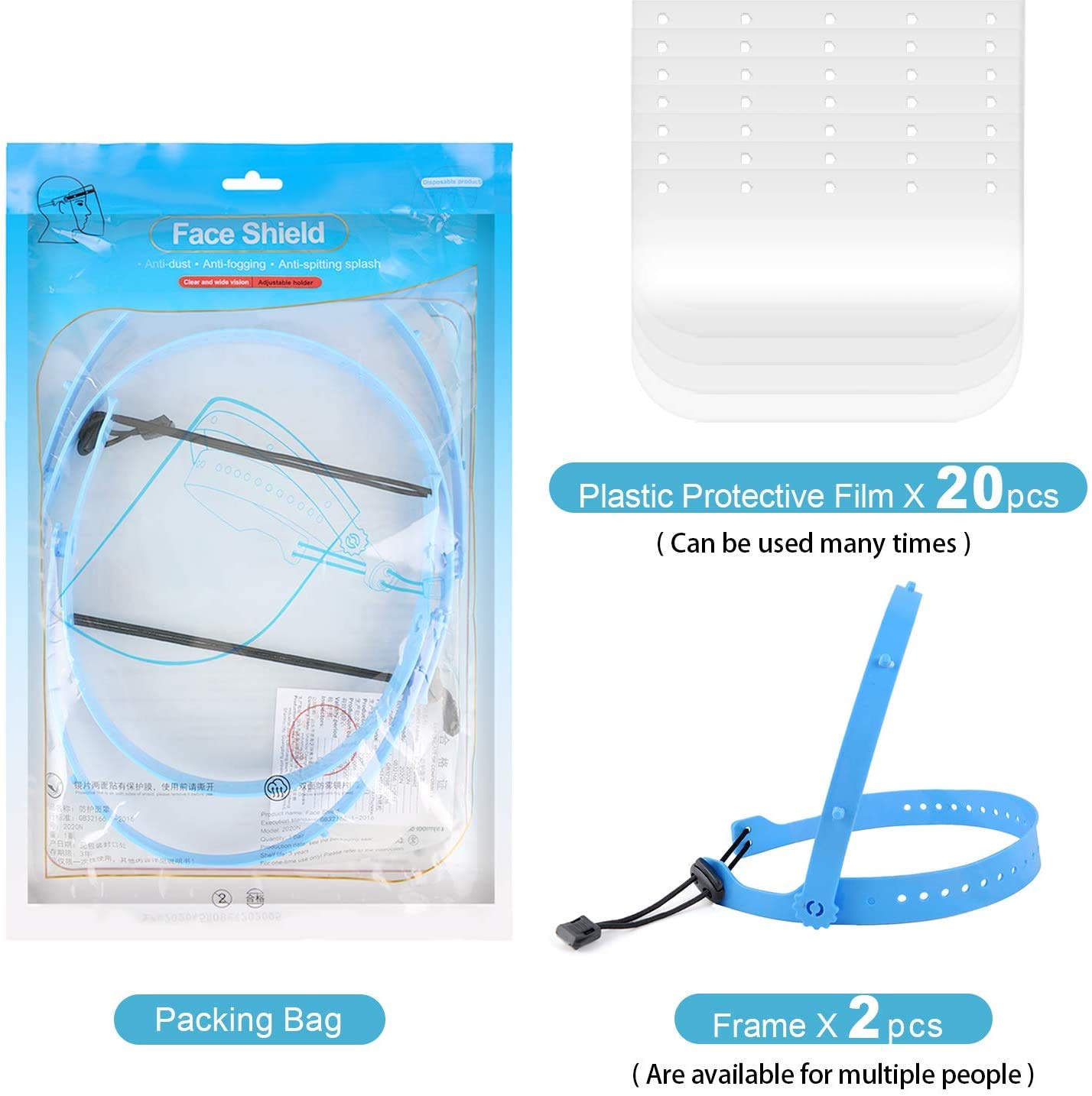 DISEN 20pcs Adjustable Safety Face Shield, plexiglass Protective Face mask, Anti-Fog Full Face Breathable & Detachable Visor with Clear Protective Film (2 Frame+20 Films)
