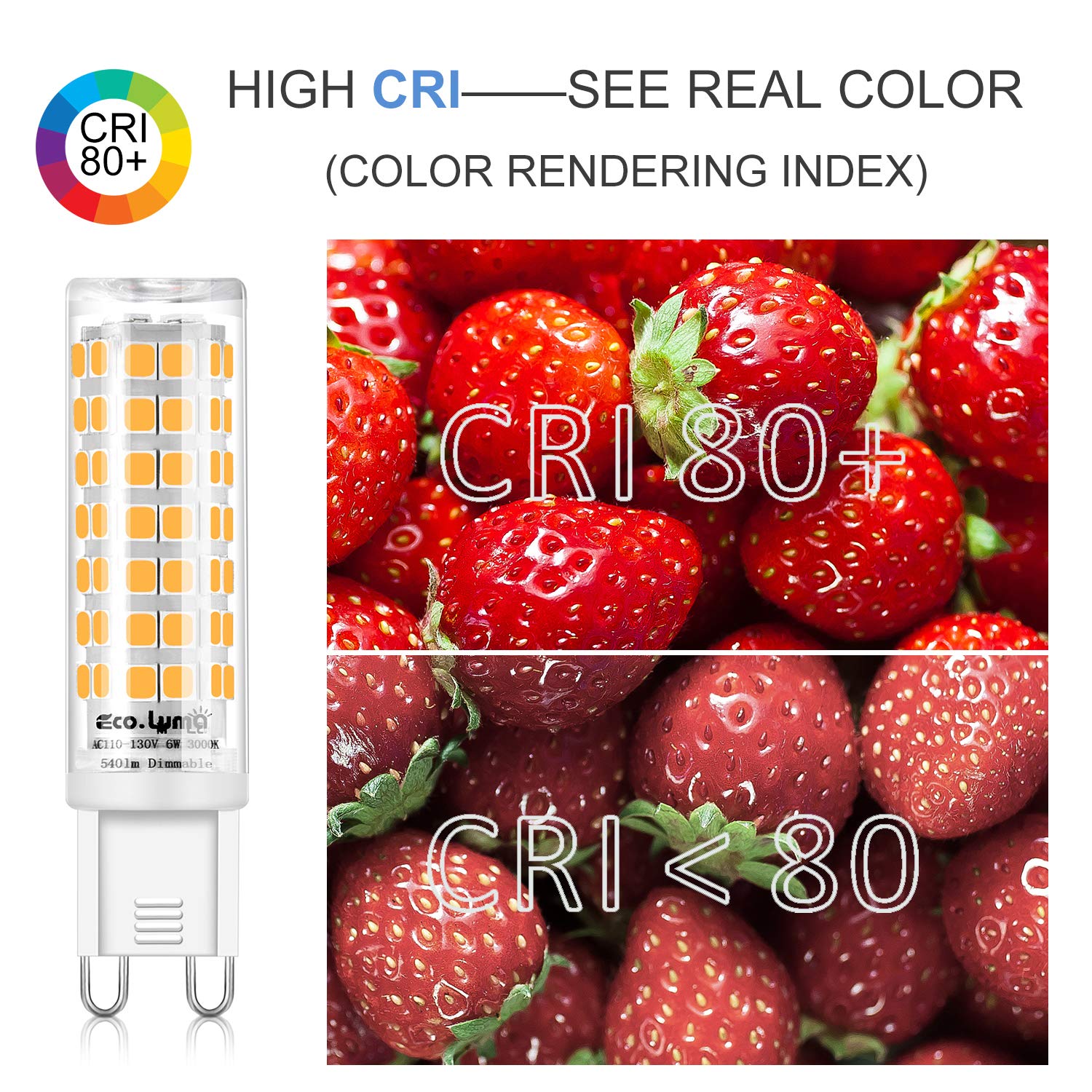 Eco.Luma G9 LED Bulb Dimmable, Warm White, 6W Equivalent 40W, 50W, 60W Halogen, 3000K, 540LM Light, AC 120V CRI 82, G9 Base (Soft Warm White, 6PCs)