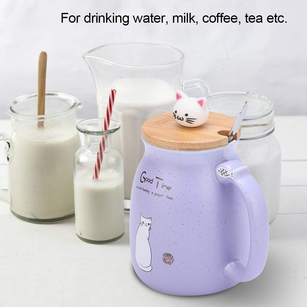 Fdit Lovely Cat Ceramic Cup with Spoon and Lid Coffee Water Milk Mug for Drinkware (Purple)