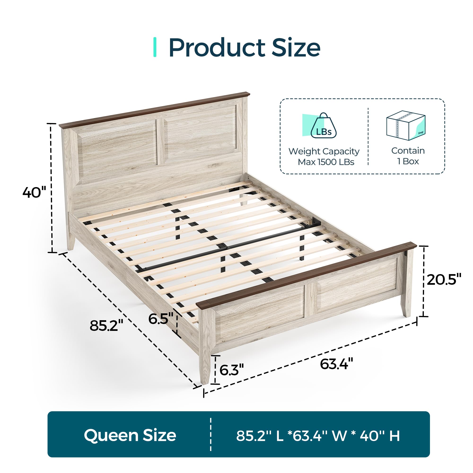 LINSY Wood Queen Bed Frame with Headboard, Farmhouse Bed Frame Queen Size with High Footboard, Wood Bed Fast Assembly, Noise-Free, No Box Spring Needed - Beige