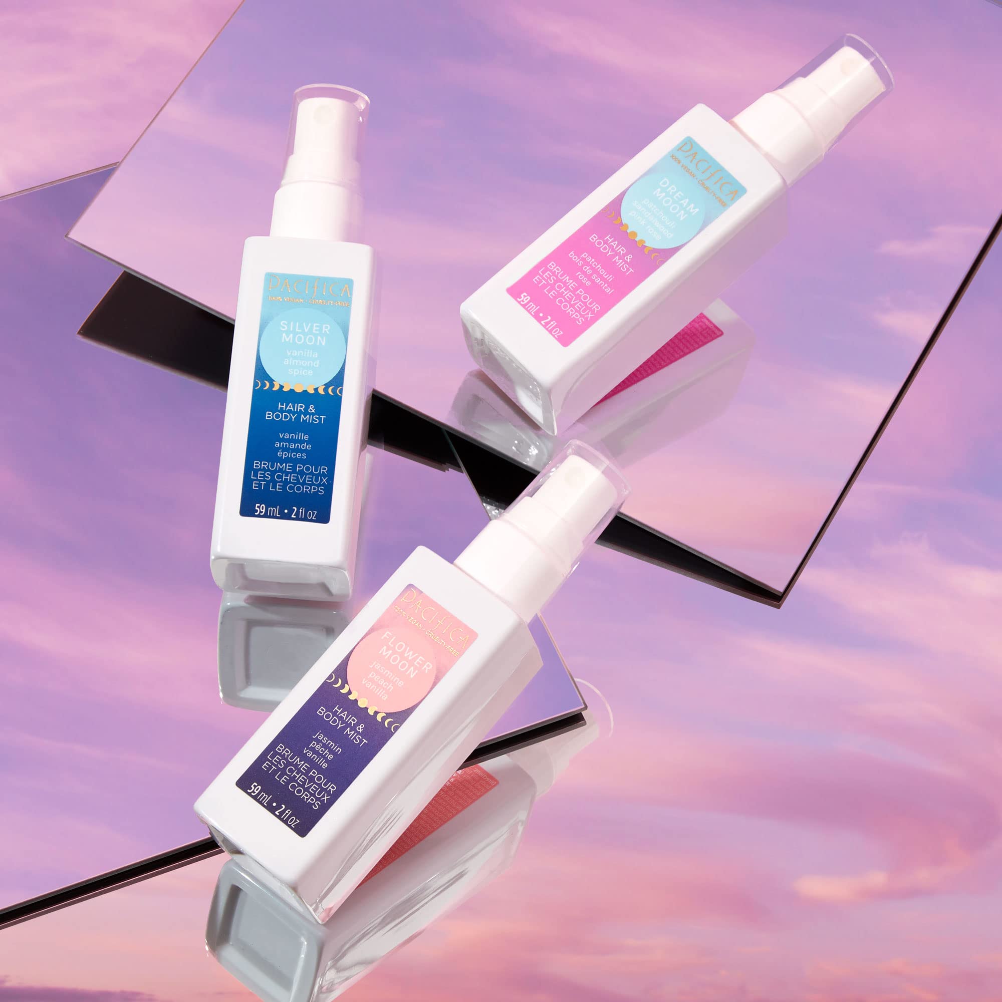 Pacifica Moon Moods Hair Perfume & Body Fragrance Spray Mist Trial Set – Dream, Flower & Silver Moon – Sampler Discovery Gift Pack – Travel-Size, Vegan & Cruelty-Free, 2 oz each (Pack of 3)