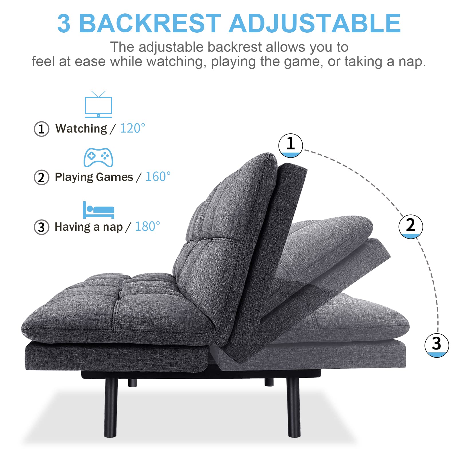 MUUEGM Futon Sofa Bed Modern Memory Foam Futon Couch Sleeper Bed,Loveseat Convertible Sofa Daybed with Adjustable Armrest Backrest for Living Room,Apartment,Dorm,Office,Linen,Grey