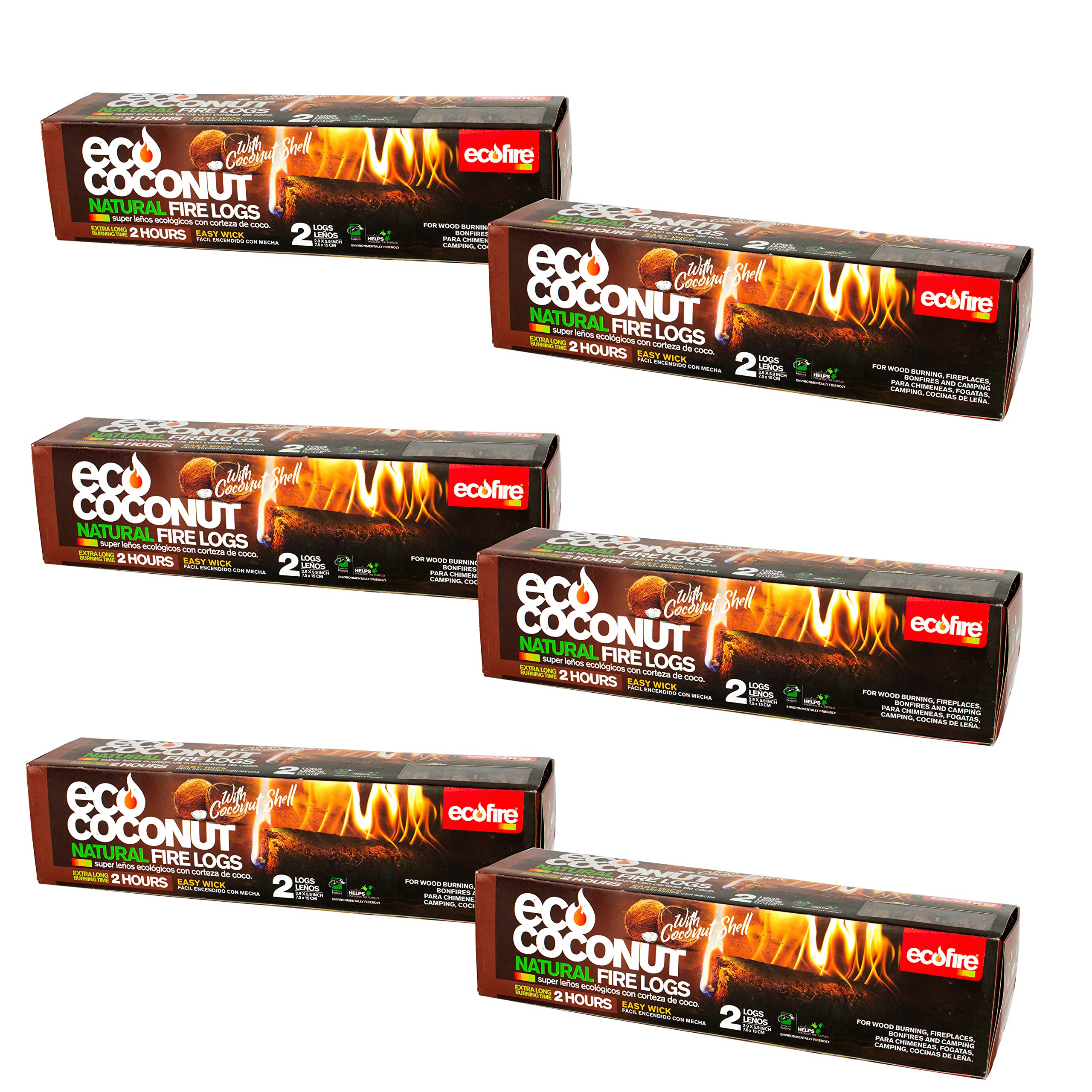 EcoFire ECO Coconut Natural Fire Log, 12 logs, 1 Hour Burn time, Extra Long Duration, Indoor or Outdoor, Brown