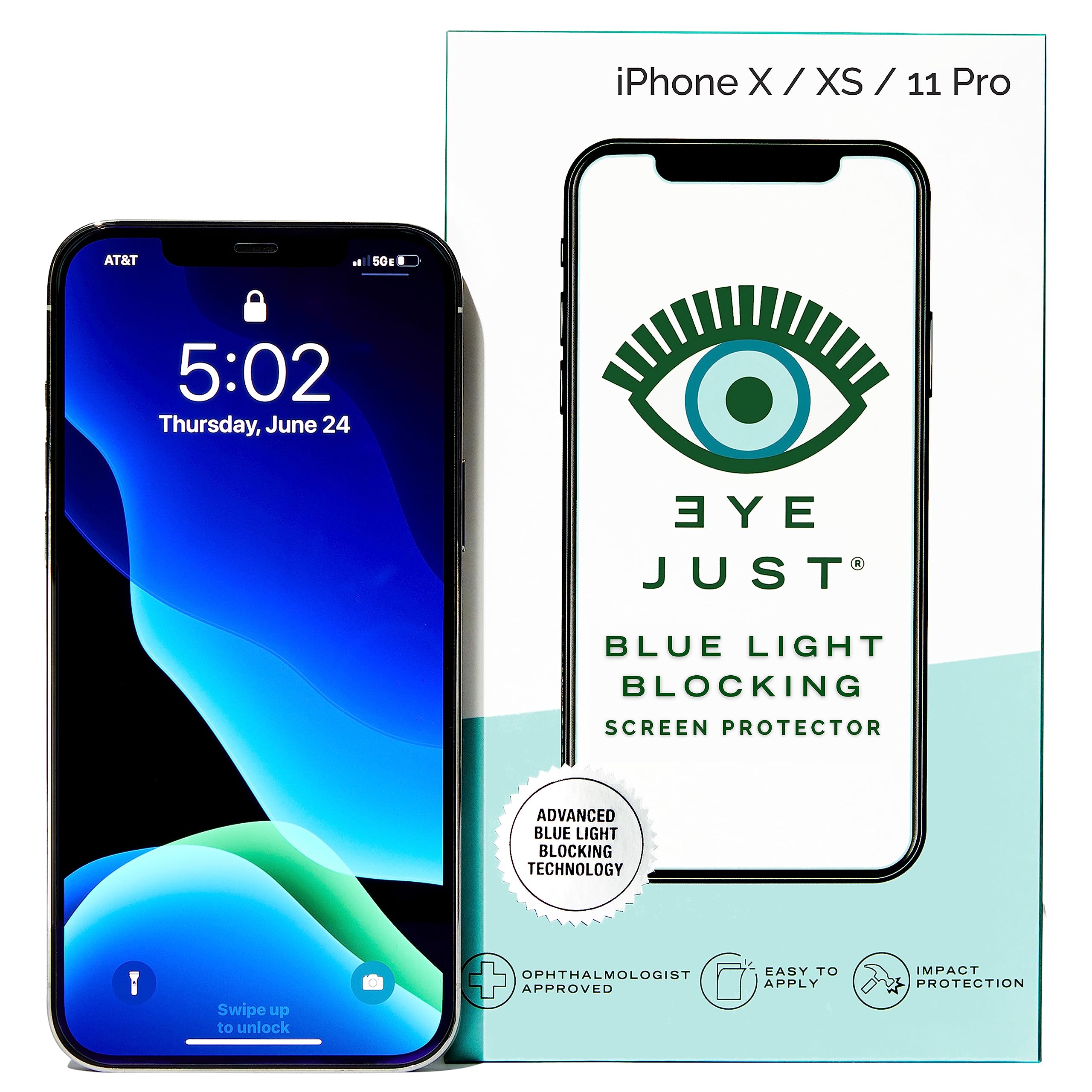 EyeJust Blue Light Blocking Screen Protector, Compatible with iPhone X/XS/11 Pro, Anti-UV Eye Protection, Relieve Eye Strain, Premium Full Screen Coverage