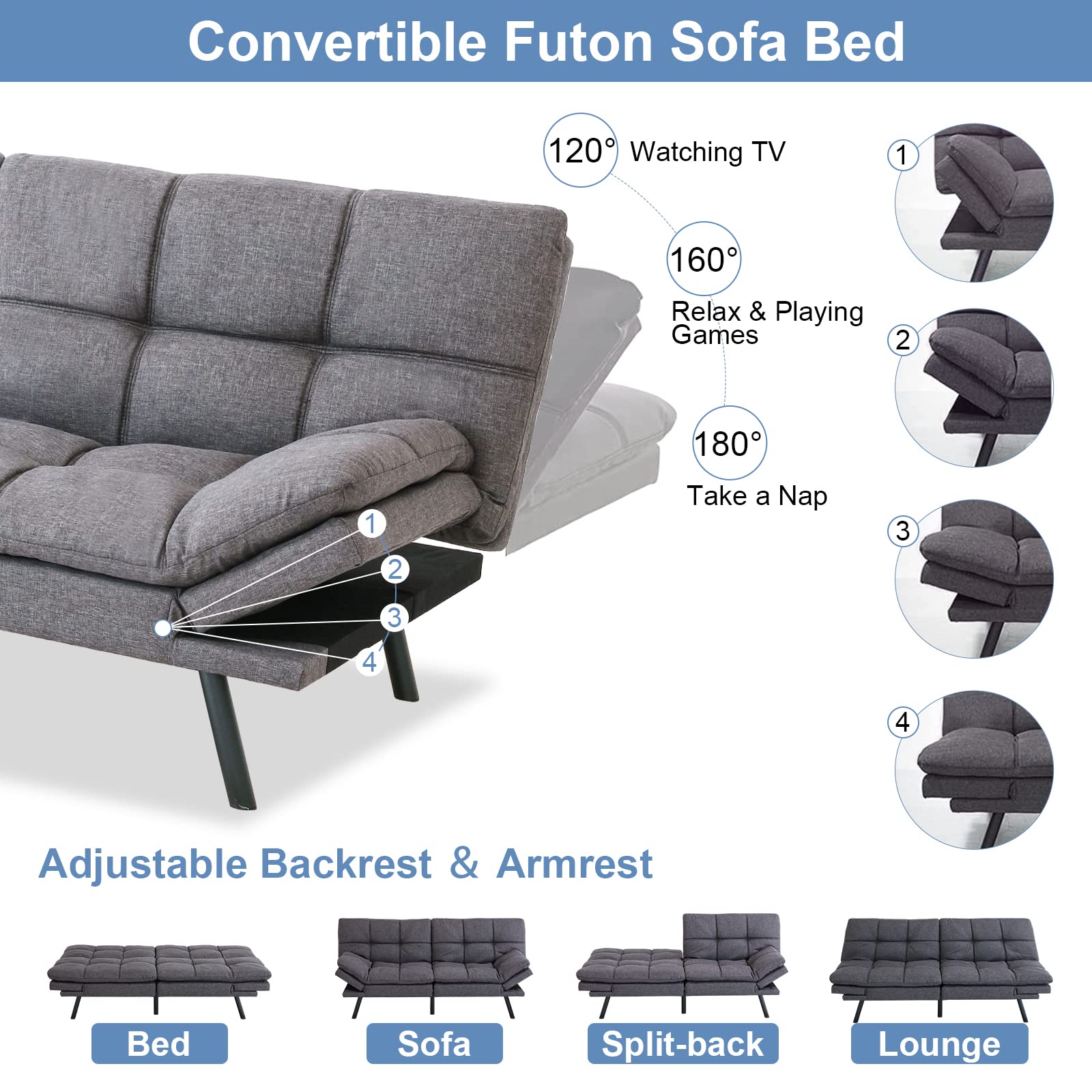 MUUEGM Futon Sofa Bed Couch,Memory Foam Convertible Futon Sofa Sleeper Couch, Modern Small Love seat Sofa for Living Room,Compact Space,Office,Dorm,Apartment,Adjustable Armrests Backrests,71",Grey