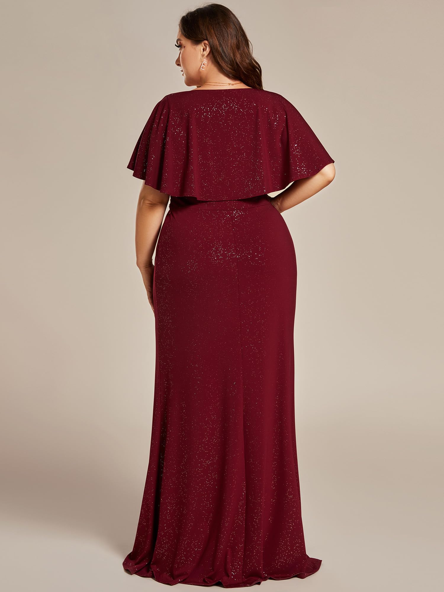 Ever-Pretty Plus Women's Glitter V-Neck Short Sleeve Plus Size Evening Formal Dress for Curvy Women Burgundy US18