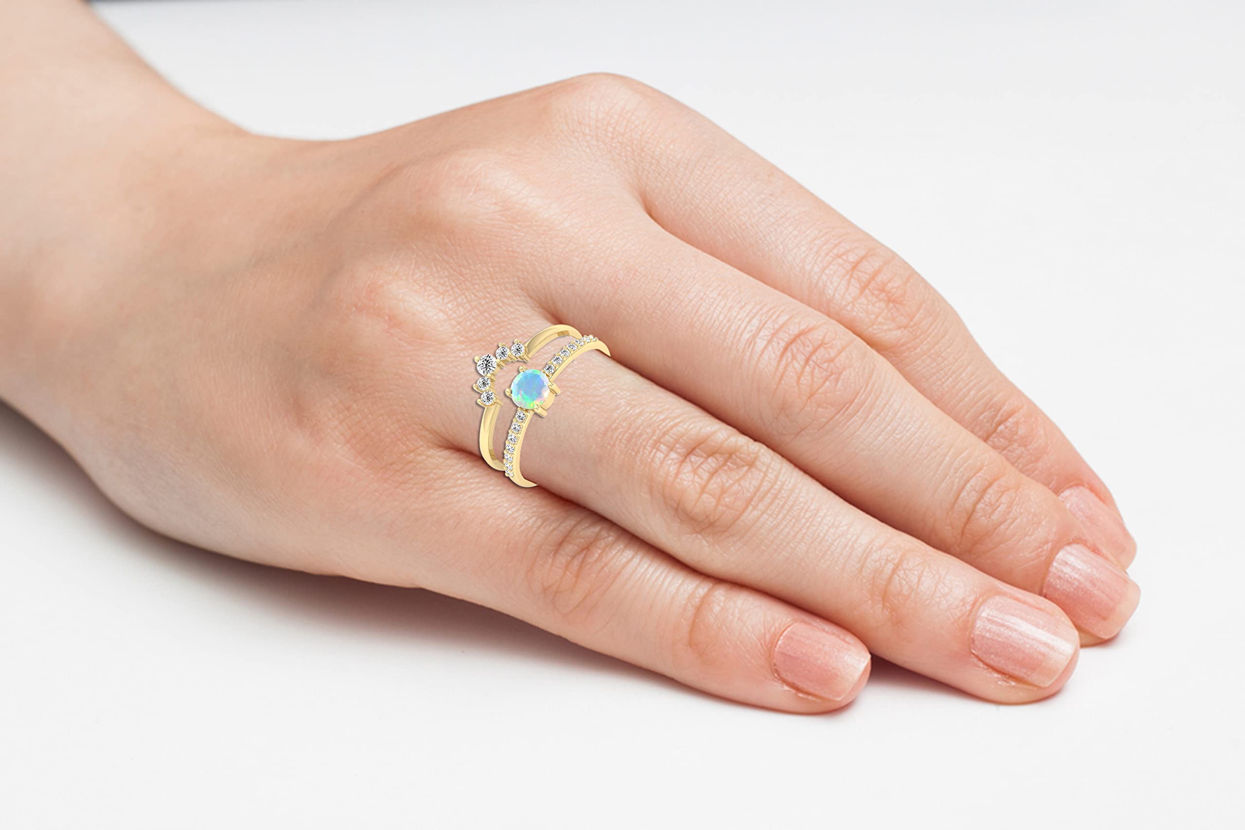 Engagement Wedding Ring Set, Solitaire Opal Ring with Side Stone, Diamond Curved Stacking Ring Yellow Gold