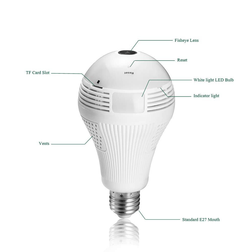 EVERSECU 360° Panoramic View 1080P WiFi IP Bulb Camera with FishEye Lens 360 Degree 3D VR Panoramic View Home Security CCTV Camera Wirelss Security Camera