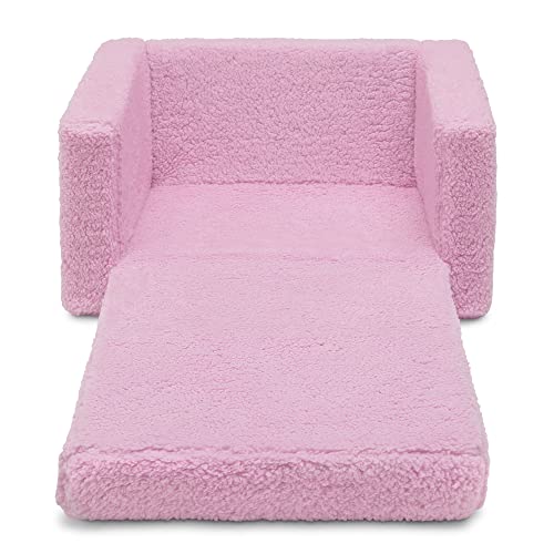Delta Children Cozee Flip-Out Sherpa 2-in-1 Convertible Chair to Lounger for Kids, Pink