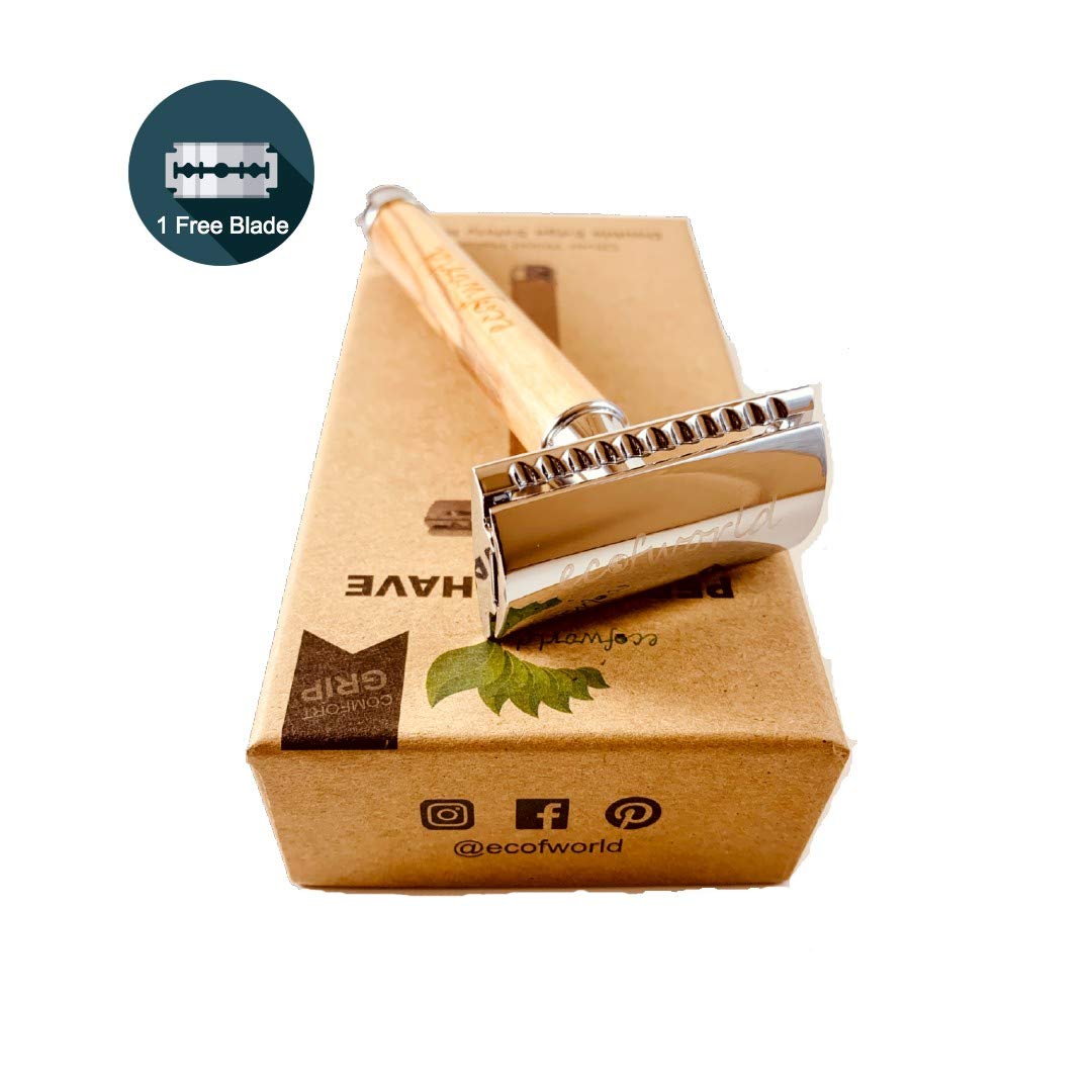 ECOFWORLD Double Edge Safety Razor with Long Natural Olive Wood Handle with One Blade| Safety Razor Reusable | Eco Friendly | For Men or Women | Sustainable and Durable