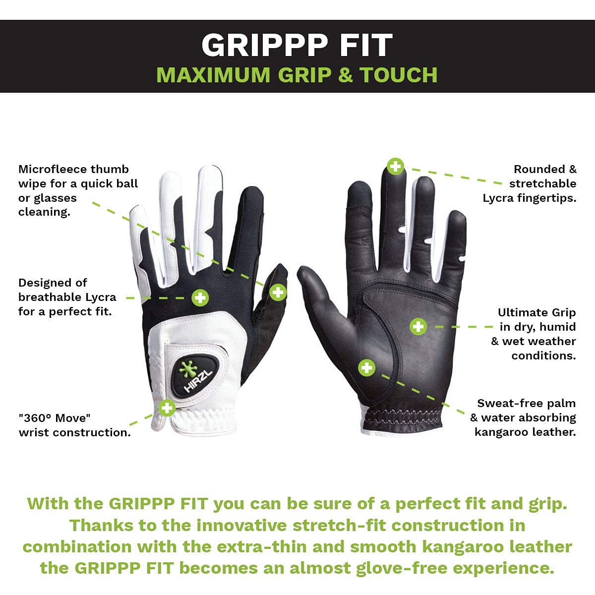 HIRZL GRIPPP FIT - Women’s All-Weather Golf Glove (White/Black) | Kangaroo Leather & Lycra | Ultimate Grip, Worn on Right Hand (Pack of 5)