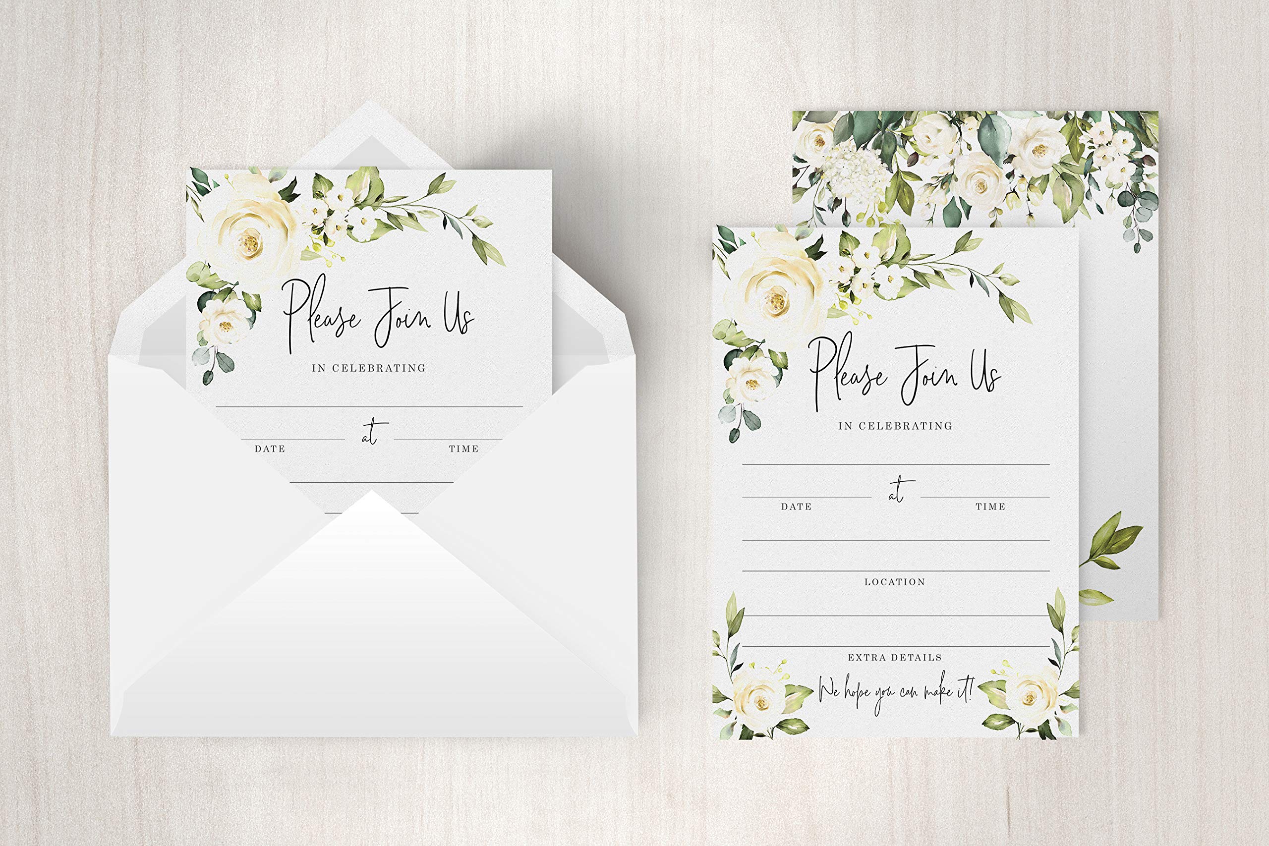 White Rose Invitations For All Occasions - Elegant Invites Perfect for Weddings, Bridal Showers, Birthdays, Engagements, Bachelorette Parties, Receptions, Anniversaries - Envelopes Not Included