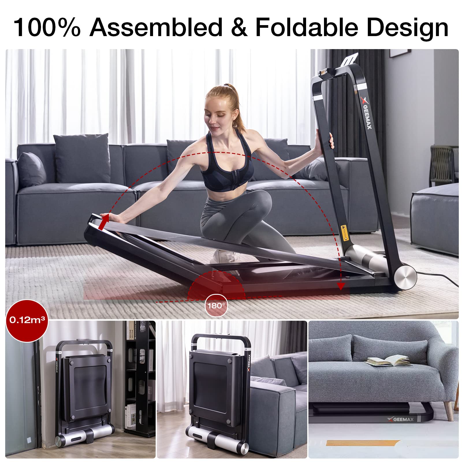 Foldable Treadmill for Home Use, Geemax 2 in 1 Electric Under Desk Treadmill for Small Spaces, Manual Automatic Modes Walking Running Pad 100% Assembled with Large Running Area Upright Storage 6.2MPH