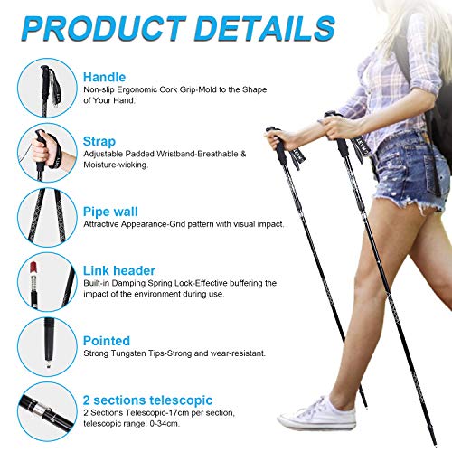 Folding Trekking Poles - 2pcs Pack Adjustable Strong Lightweight Walking Sticks, Tri-Fold Quick Adjust Flip-Lock Padded Strap Perfect for Backpacking and Snowshoeing