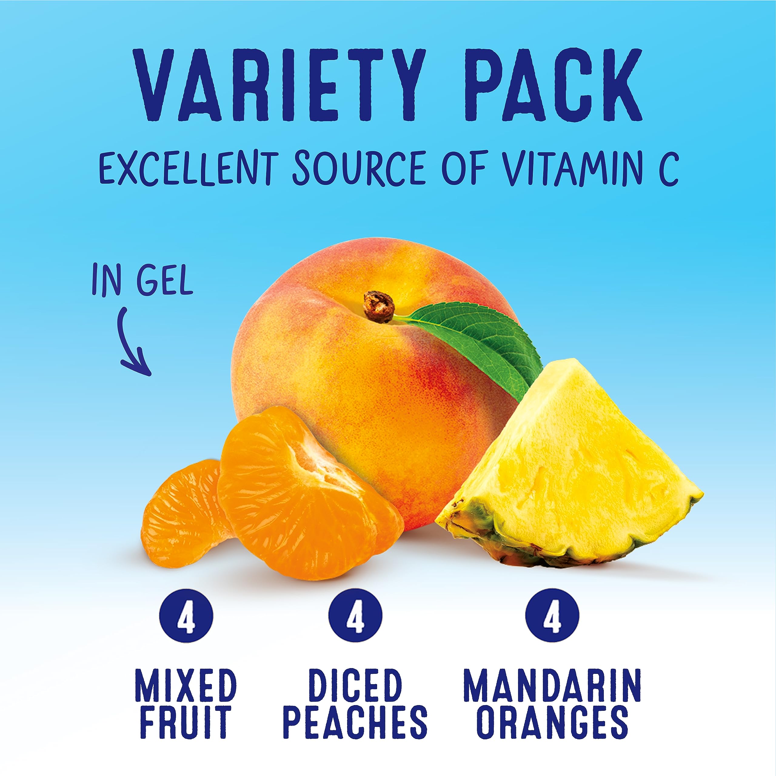 Dole Fruit Bowls In Gel Variety Pack Snacks, Peaches, Mixed Fruit, Mandarin Oranges, 4oz 12 Total Cups, Gluten & Dairy Free, Bulk Lunch Snacks for Kids & Adults