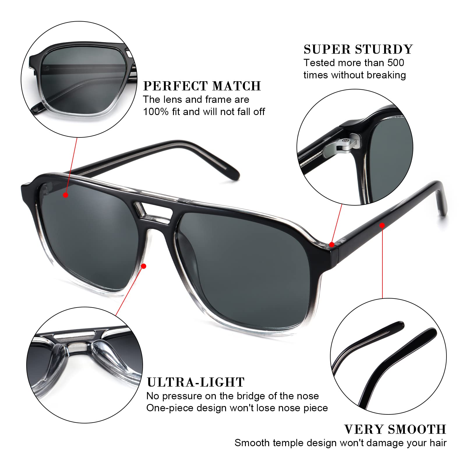 Dollger Aviator Sunglasses for Women Men UV400 Polarized Retro 70s Square Gradient Flat Ultralight Plastic