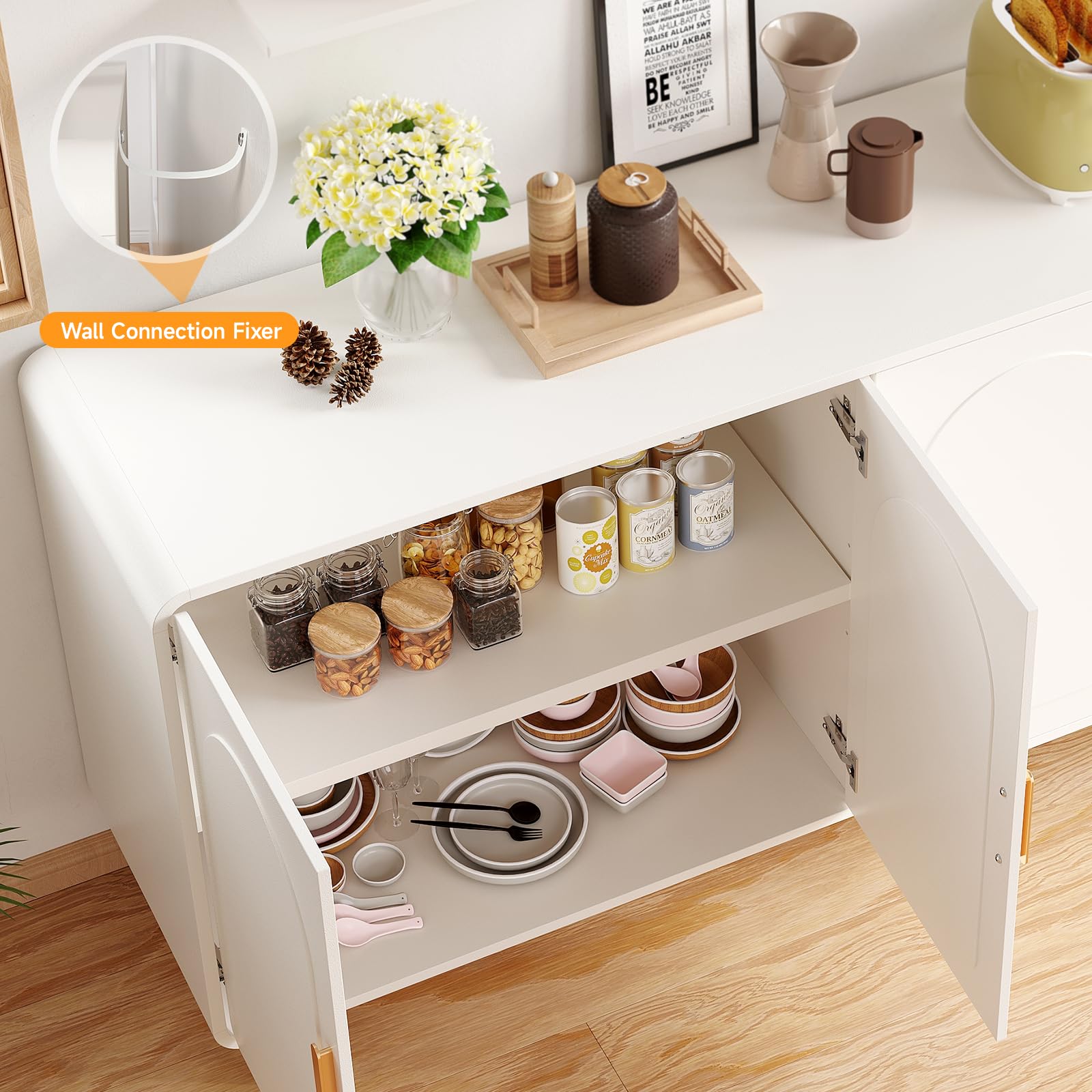 ONBRILL 60" Sideboard Buffet Cabinet with Storage, Curved Design Cabinet with 4 Doors & Adjustable Shelves Modern Console Table for Dining Room, Living Room, Kitchen, Hallway, Bedroom, White