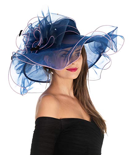 Women's Organza Church Kentucky Derby British Fascinator Bridal Tea Party Wedding Hat Summer Ruffles Cap (H5-Navy Line)