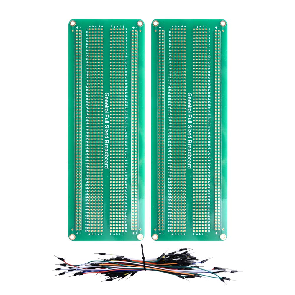 GeeekPi 2PCS PCB Prototype Board for Electronics Projects, Gold-Plated Large Solderable Breadboard with 65PCS M-M Dupont Jumper Wire Cable for DIY Arduino Soldering Projects and Raspberry Pi (Green)