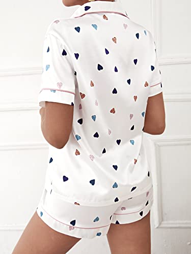Verdusa Women's Satin Sleepwear Short Sleeve Shirt and Shorts Pajama Set White Heart XL
