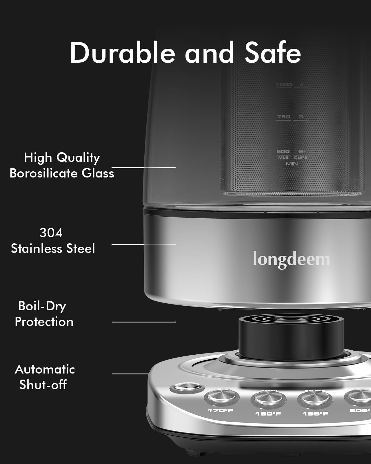 Electric Glass Tea Kettle with Infuser, 1.7L/1500W Fast Boiling, Stainless Steel, Temperature Control Tea Maker, BPA Free - Easy Lid Removal & Keep Warm Feature, Silver