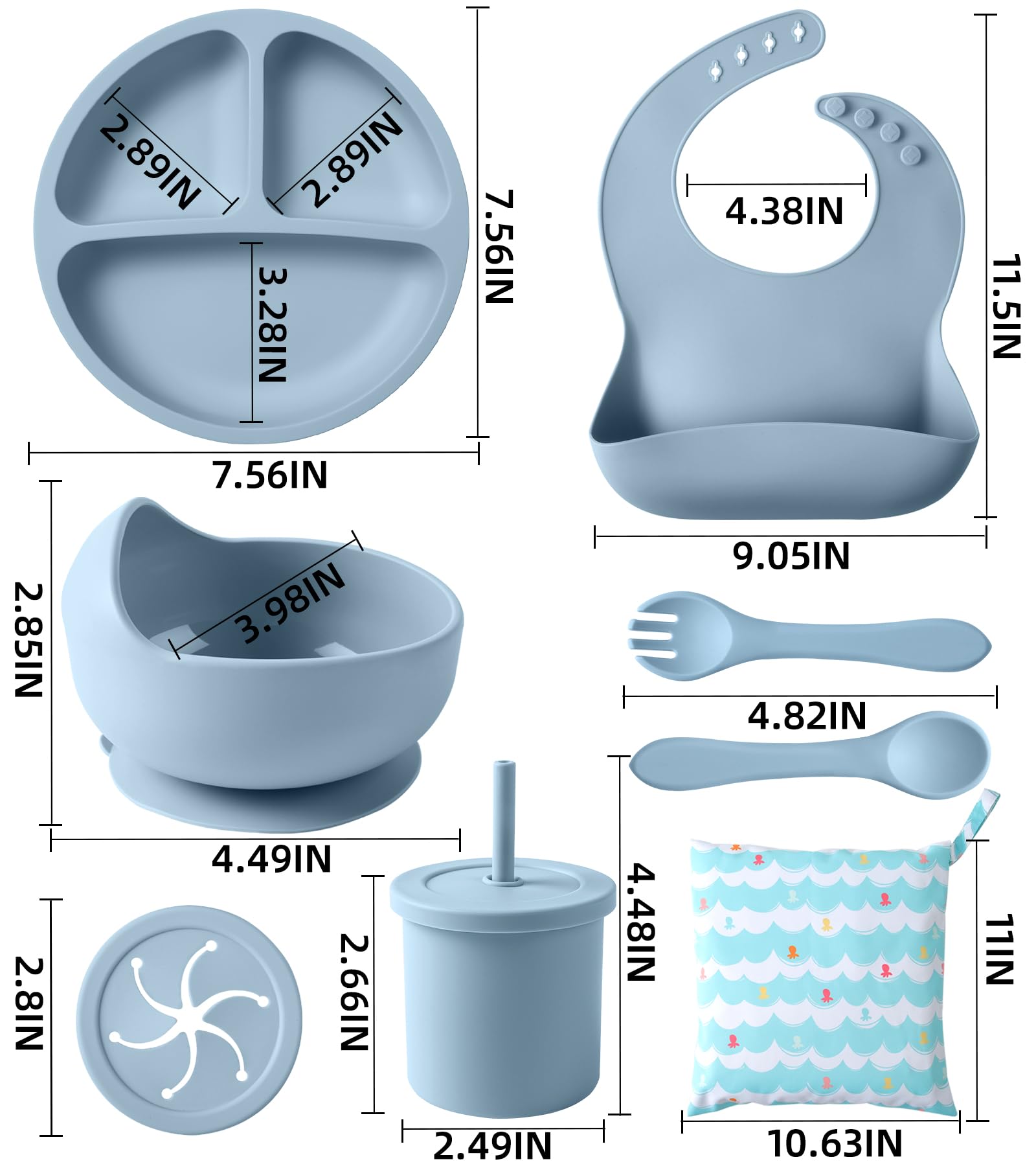 ECLIP Silicone Baby Feeding Set, 10 Pcs Baby Led Weaning Supplies with Suction Bowl Divided Plate Adjustable Bib Soft Spoon Fork Snack Cup with Lid Drinking Cup, Utensil (Blue)