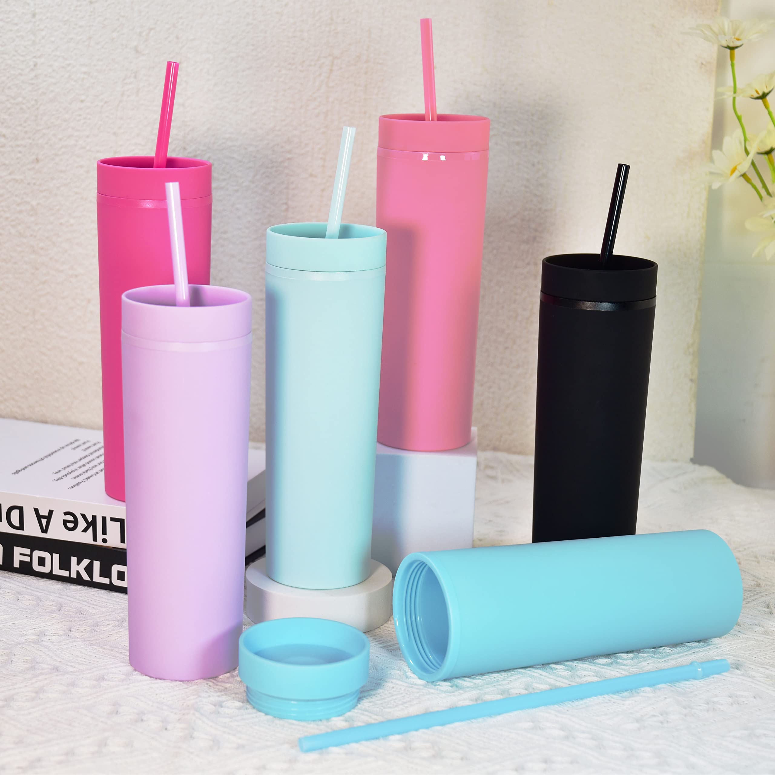 FECBK 6 Pack Skinny Tumblers with Lids and Straws 16 oz Matte Pastel Colored Acrylic Tumblers Bulk Reusable Double Wall Plastic Cups with Lids and Straws for DIY Vinyl Presents, Cold Hot Drinks