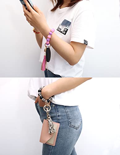 Silicone Key Ring Bracelet for Women, Elastic Beaded Wristlet Keychain Key Holder for Mother’s Day Gift(Grey/Black)