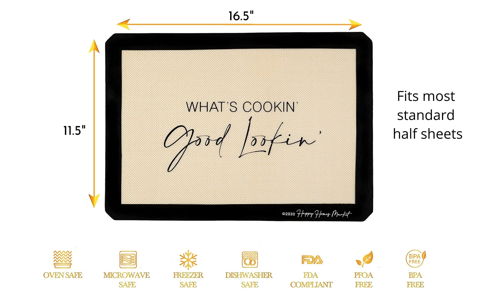 Happy Homes Market, Silicone Baking Mat, Non-Stick, Professional Grade Quality Baking Mat, Food Safe, BPA Free, Reusable, Eco-Friendly, Luxury Baking Sheet Liner- Set of 3 Standard Half Sheet Sizes