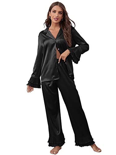 Verdusa Women's Satin Notch Collar Blouse and Ruffle Hem Pants PJ Set Black M