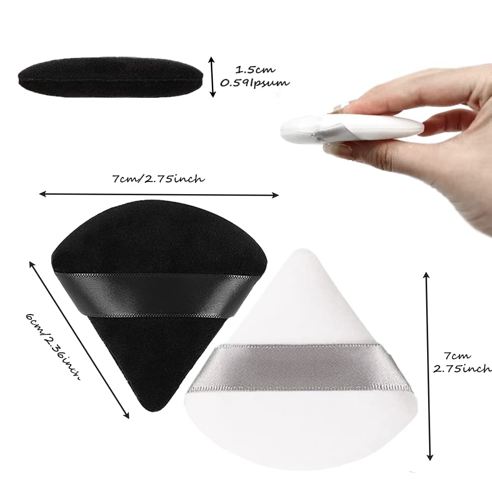 Triangle Powder Puff Makeup Puffs, 6 Pcs Ultra Soft Cotton Velour With Strap, Designed for Contouring,Under Eyes and Face Corners,Body Loose Powder Blending (White, Black)