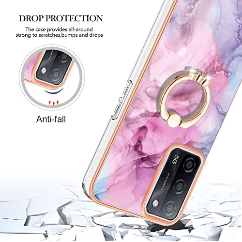 ONV Silicone Case for Oppo A55 5G - Phone Case with Luxury Glitter Metal Ring Marble Painted Stand Case TPU Bumper Protect Cover for Oppo A55 5G / Oppo A53S 5G / Oppo A54 4G / Oppo A16 [Ring] -Pink