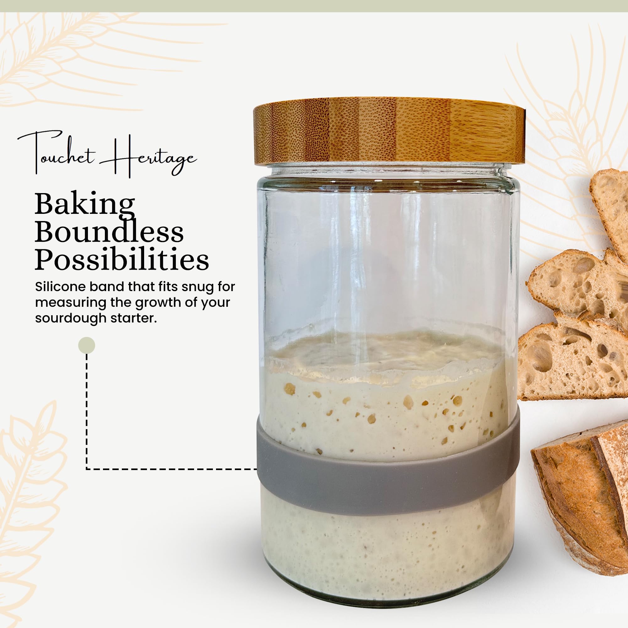 Touchet Heritage Sourdough Starter Jar (32oz) | Sourdough Starter Kit | Thick, Durable Glass w/Bamboo Lid | 6.5” x 4" | Wide Mouth Glass Jar for Sourdough with Wooden Spoon & Silicone Measuring Band