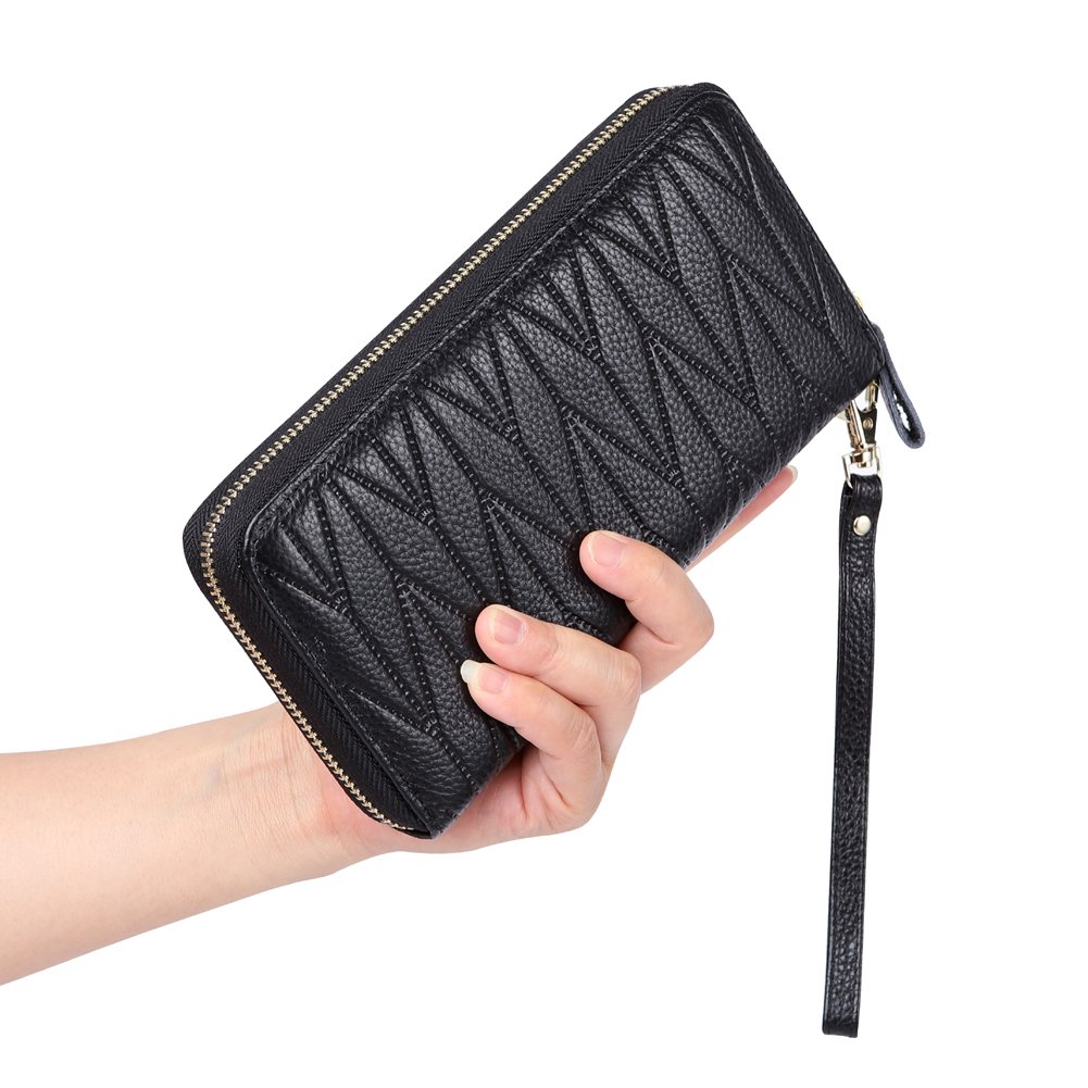 Women's RFID Blocking 36 Slots Card Holder Long Big Leather Zipper Wristlet Clutch Wallet, Black