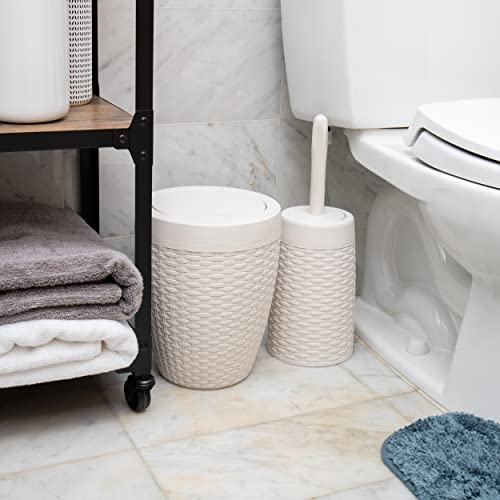 Mind Reader Basket Collection, Round Wastepaper Basket and Toilet Brush Set, Premium Wicker Design, 2 Piece Set, Swivel Lid Bin is 8.75"W x 11.25"H, Brush is 15.25"H, 8.75"L x 8.75"W x 11.25"H, Ivory
