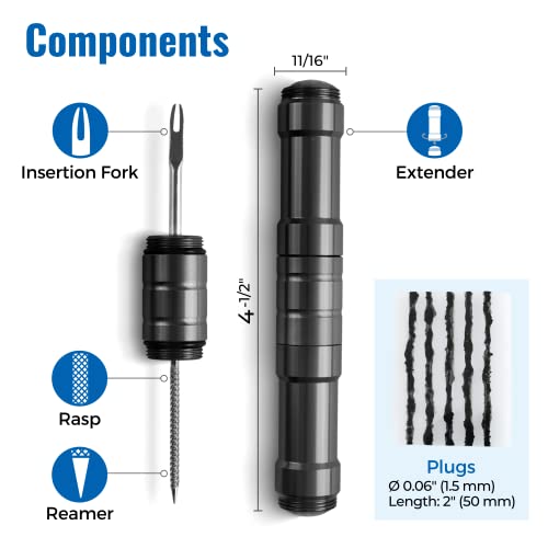 Tirellix Bike Tire Plug Kit β (Black) Tubeless Tire Repair Kit, Fix Flat or Puncture in Bicycle, MTB Motorcycle Tire, Portable Bike Tool Kit Includes Reamer, Insertion Fork, 5 pcs 1.5mm Tire Plugs