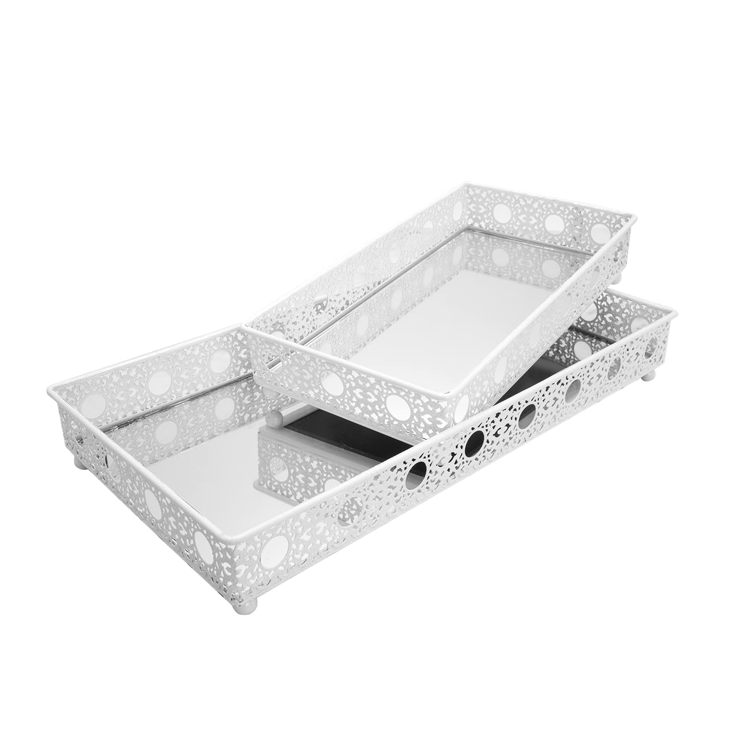 Tricune 2Pcs Perfume Tray - Bathroom Vanity Tray - Mirror Tray - Set of 2 Decorative Perfume for Dresser Jewelry Organizer Makeup Glass Tray 12.5 X 6.3 + 9.5 X 5 Inch Silver