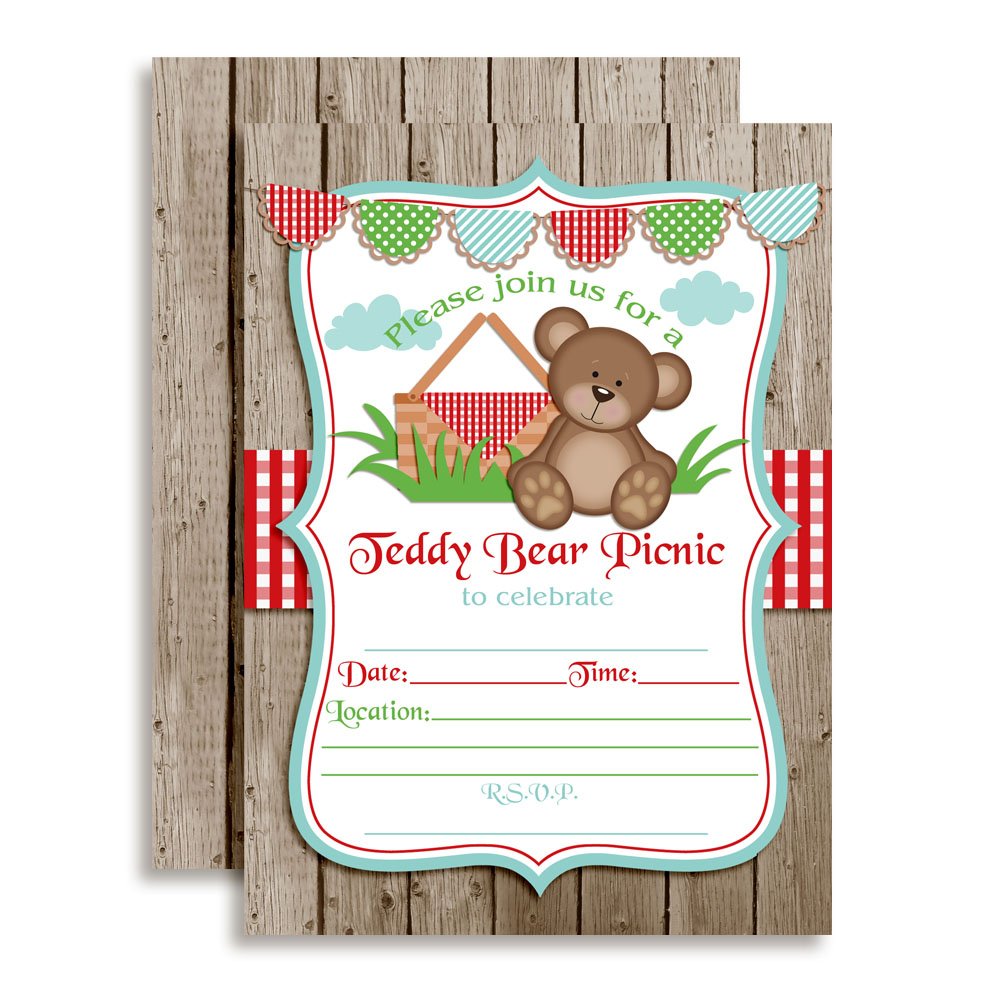 Teddy Bear Picnic Birthday Party Invitations, 20 5x7 Fill In Cards with Twenty White Envelopes by AmandaCreation