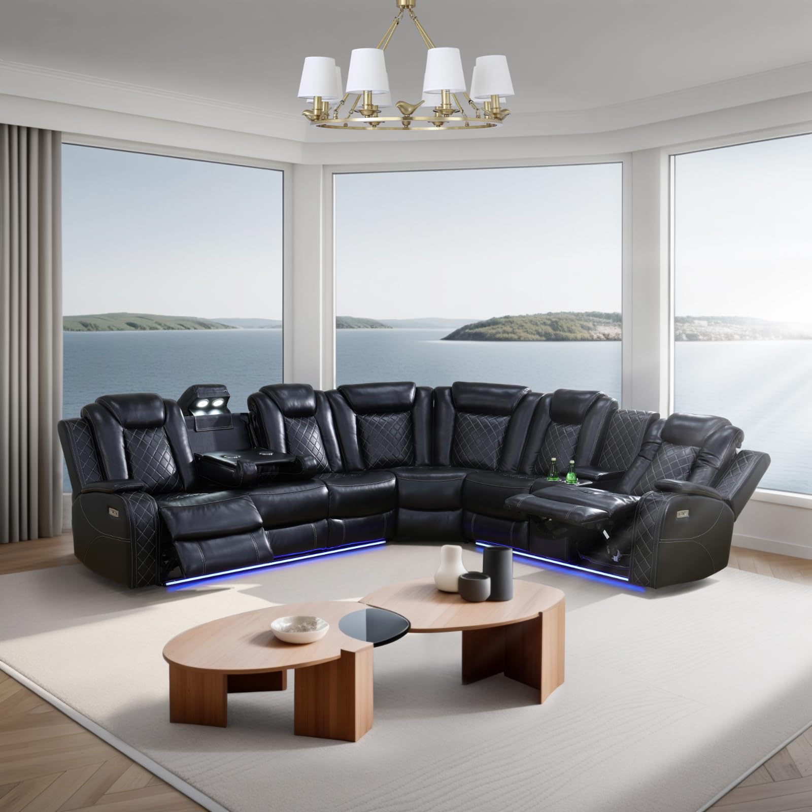 Power Recliner Sectional Sofa with LED, Breathing Leather Power Reclining Sofa Set, Sectional Reclining Couch with USB Port/Cup Holder/Storage for Living Room (Black)