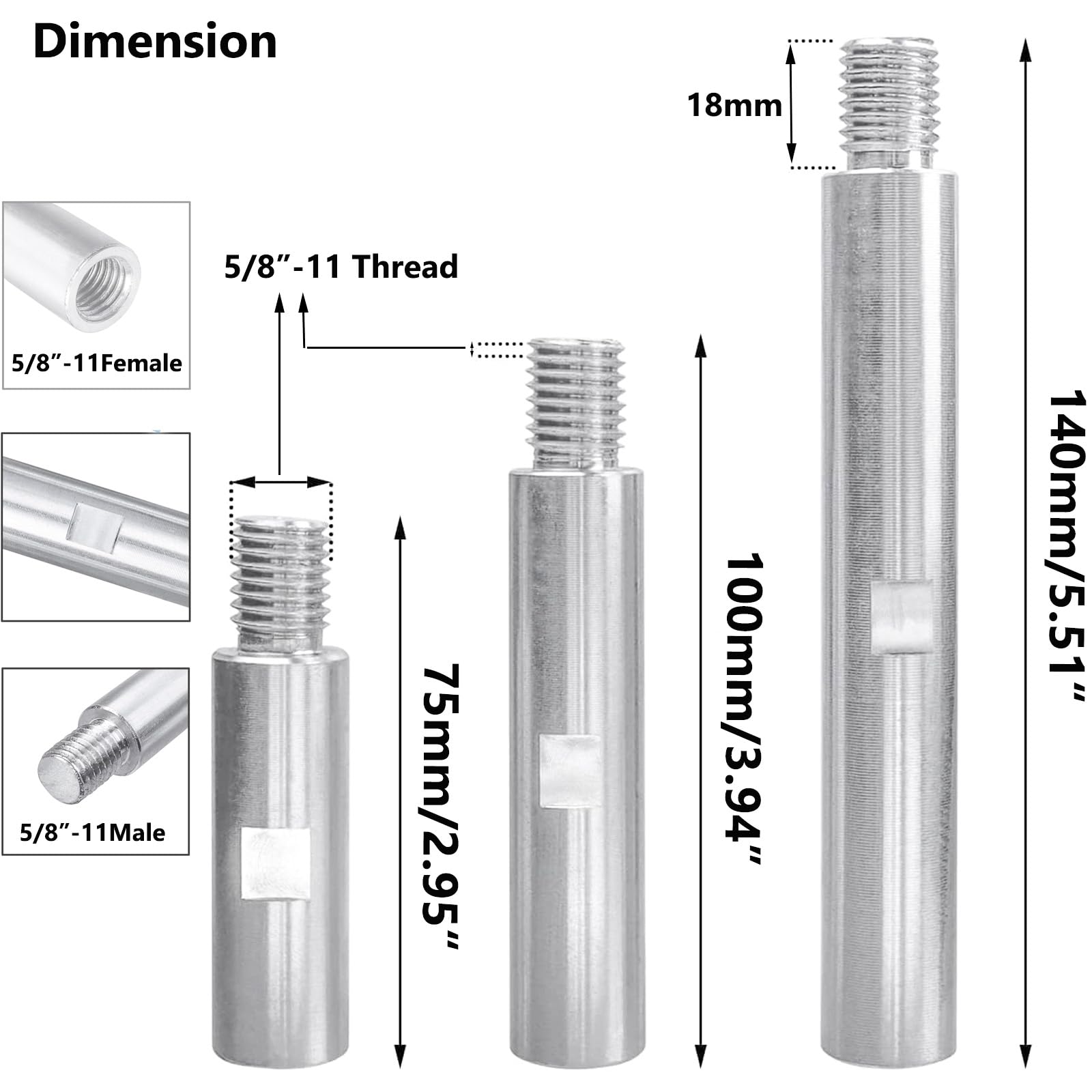 JUNLIXN πππππππ 5/8"-11 Thread Rotary Extension Shaft Set for Rotary Polisher Car Polisher Polishing Pads Backing Plate Electric Polisher 3pcs Angle Grinder Extension Connecting Rod