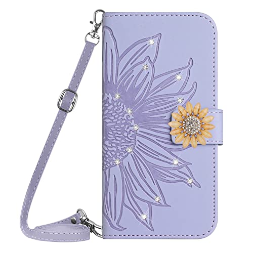 ONV Wallet Case for Oppo Realme C33-1.5M Strap Glitter Shinny Sunflower Flip Leather Case Card Slot Shockproof Kickstand Magnetic Cover for Oppo Realme C33 [HT] -Purple-T