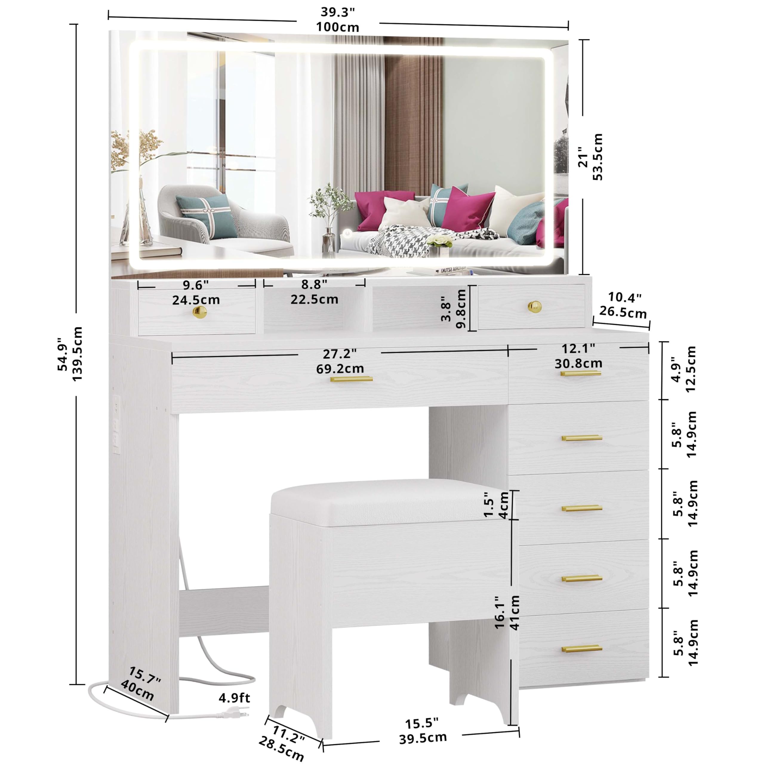 IRONCK Vanity Desk with LED Mirror and Lights and Power Outlet, Modern 8 Drawers Makeup Vanity Table with Storage Stool, for Bedroom, White