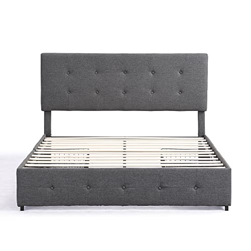 RHIZOME Queen Upholstered Platform Bed Frame with 4 Drawers Storage and Headboard Footboard, Mattress Foundation with Wooden Slats Support and No Box Spring Needed, Grey